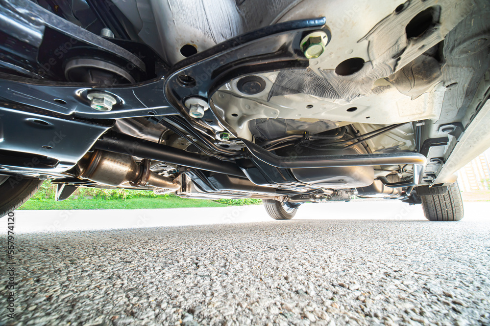 Bottom car view for safety inspection. Concept of garage services, used ...
