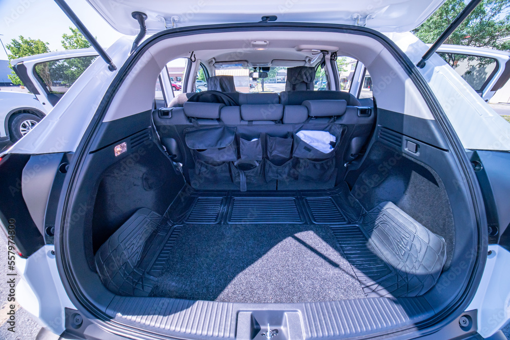 Empty car trunk open view with backseat car organizer with storage ...
