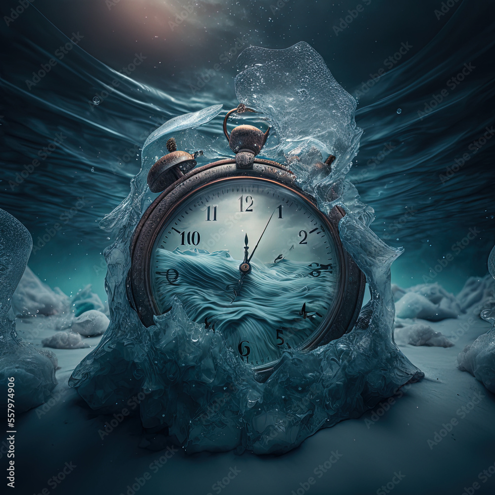 Time, alarm clock underwater. Generative AI picture. Stock Illustration ...