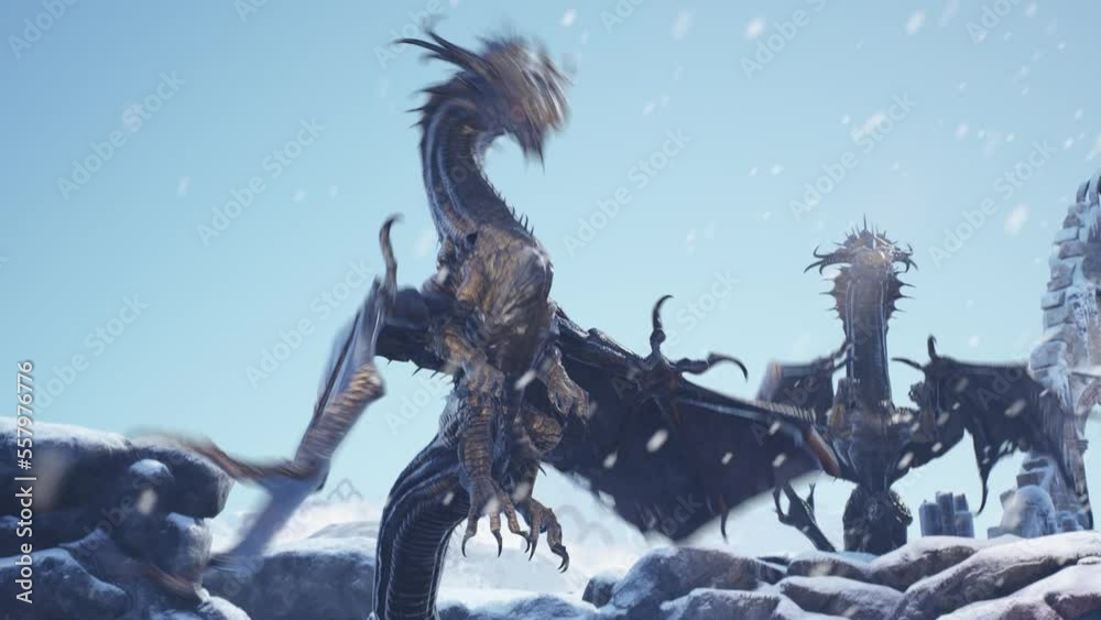 Gold Dragons in a Gothic Temple, Winter, Snow 3D Animations Rendering ...