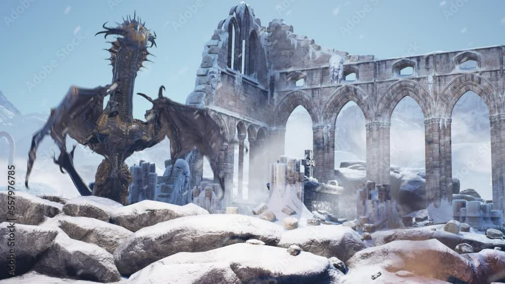 Gold Dragon Protects his Home in a Gothic Temple, Winter, Snow 3D ...