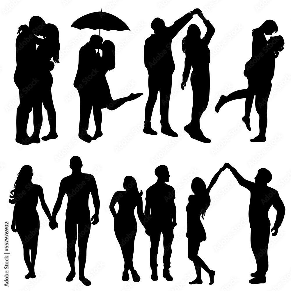 Set with people silhouettes. Boyfriend and girlfriend love each others ...