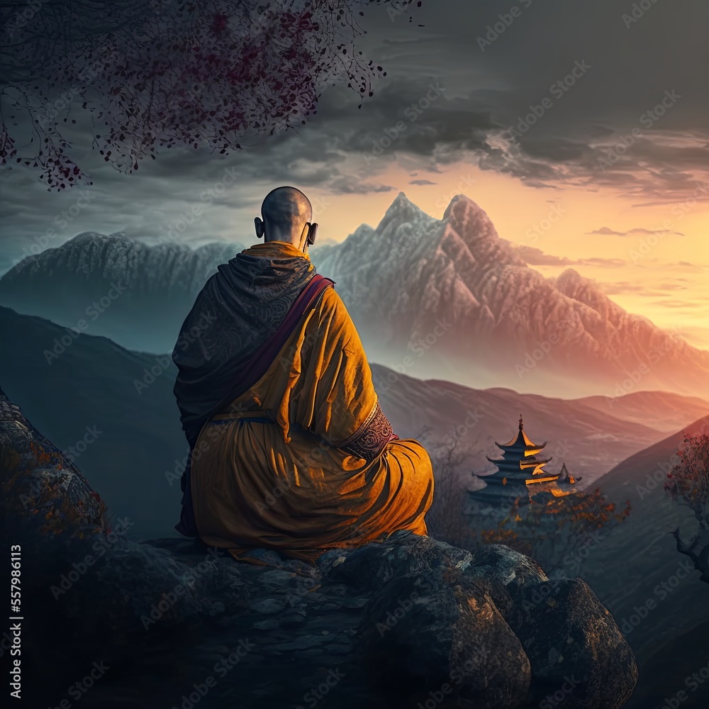 Buddhist Monk Meditating On Mountain