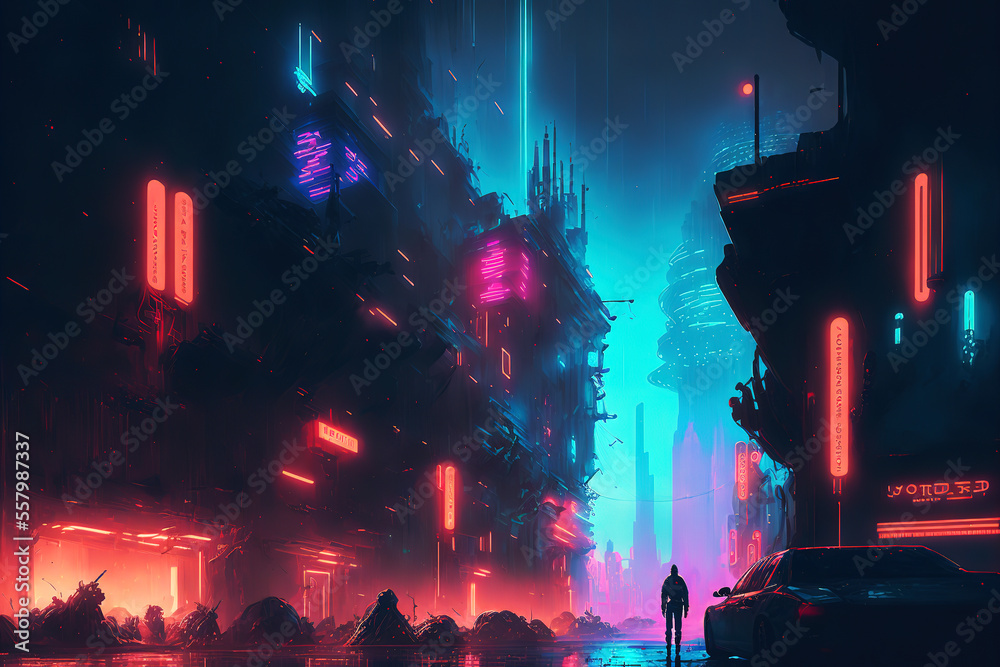 Futuristic neon cyberpunk city with the silhouette of an alien hero ...