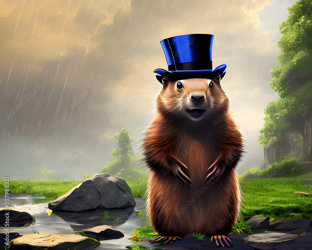Adorable groundhog wearing a top hat looking for his shadow. Cartoon ...