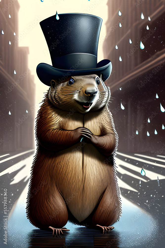 Groundhog in a top hat standing in the middle of the road in the city ...