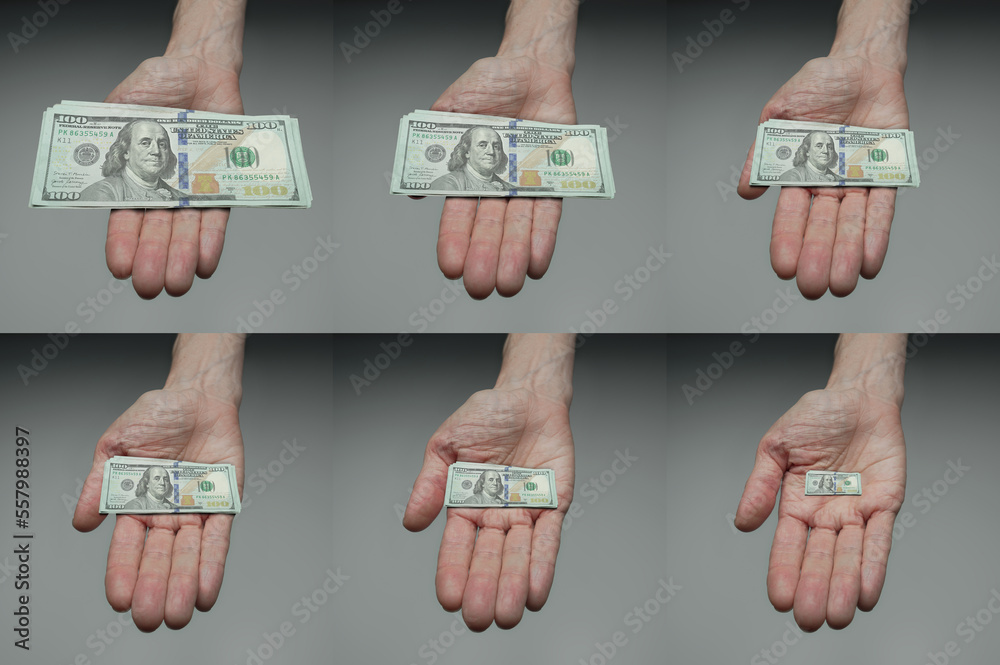 100 dollar bill shrinking over time in palm of hand Stock Photo | Adobe ...