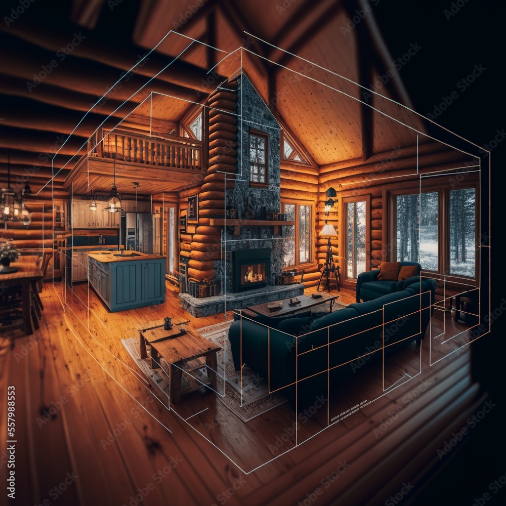 3d render of an architectural plan of a cozy modern log cabin. Interior ...