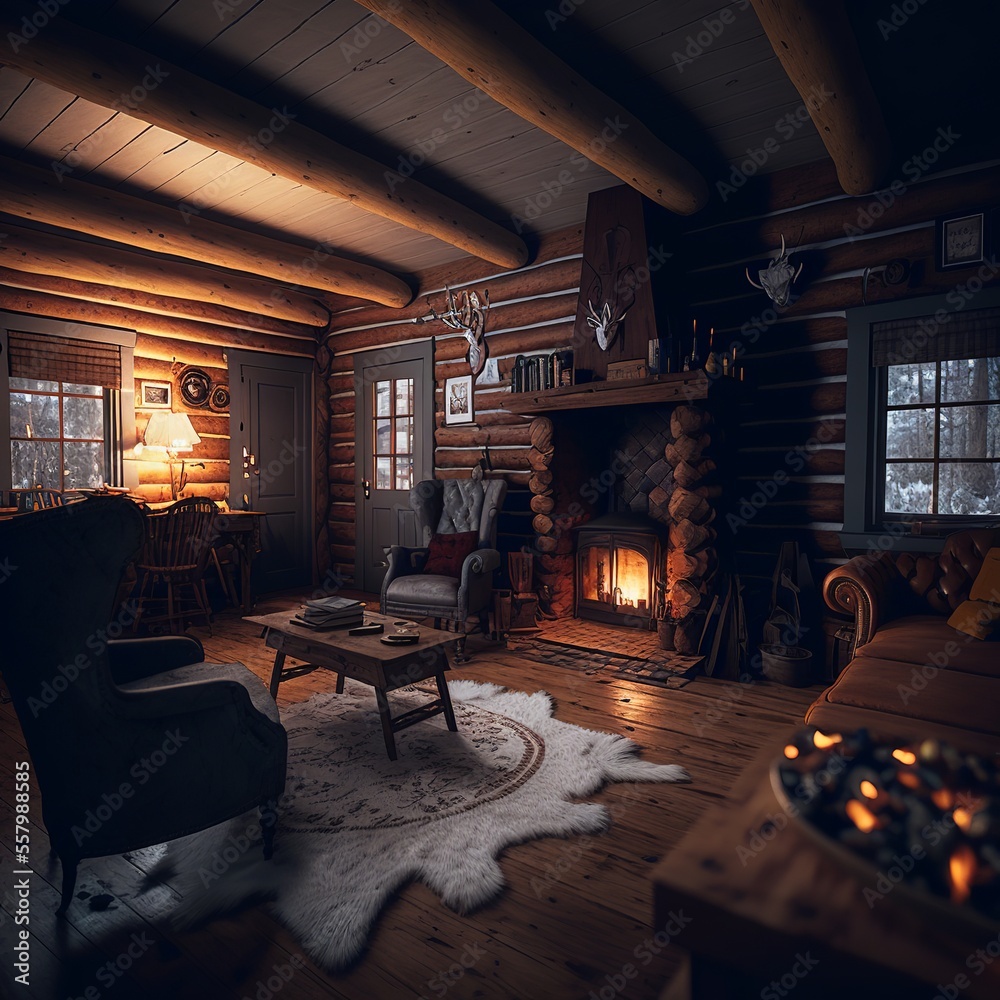 3d render of interior of a log cabin. Cozy living space with fireplace ...