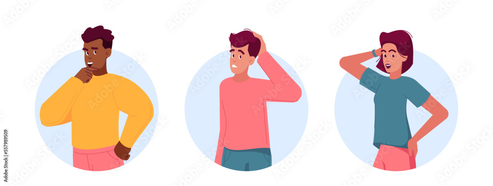 Thoughtful People Scratch Their Heads Isolated Round Icons Or Avatars ...