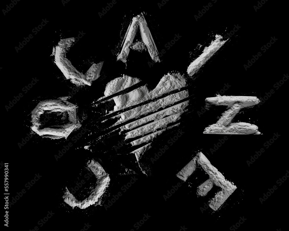 Cocaine line letters and shape heart, icon and symbol isolated on black ...