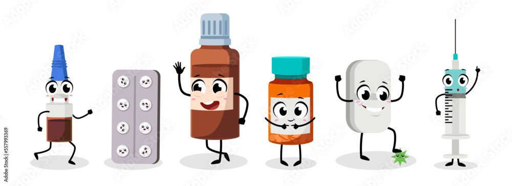 Set of cute medicines in cartoon style. Vector illustration of funny ...