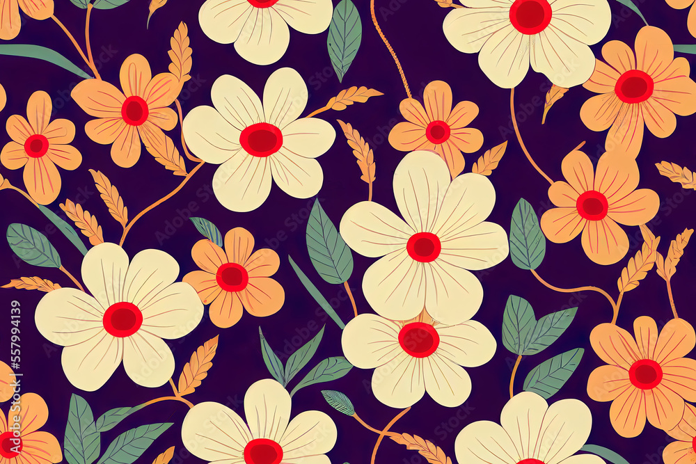 Seamless pattern of hippie-inspired vintage flowers, circa 1970s 1980s ...