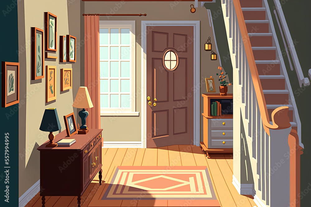 Interior of a house with a hallway entry, second floor stairs, and ...