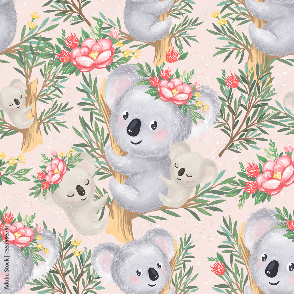 Cute koalas - mom and babies on gum tree. Seamless pattern with digital ...