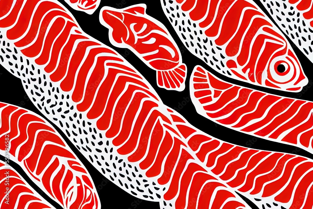 Seamless pattern of salmon. Salmon fillet on a red backdrop with white ...