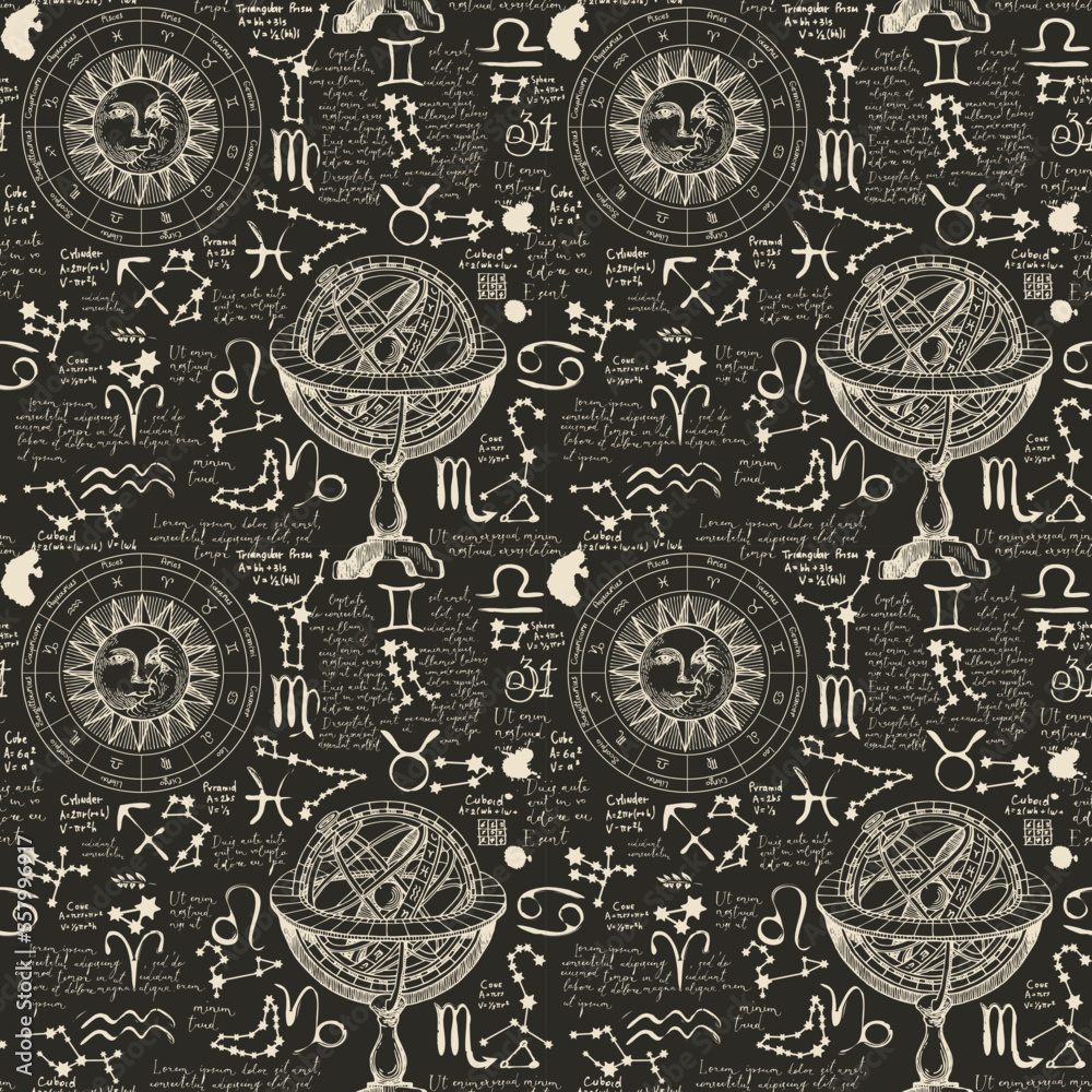 Abstract seamless pattern with zodiac signs, Lorem ipsum handwritten ...
