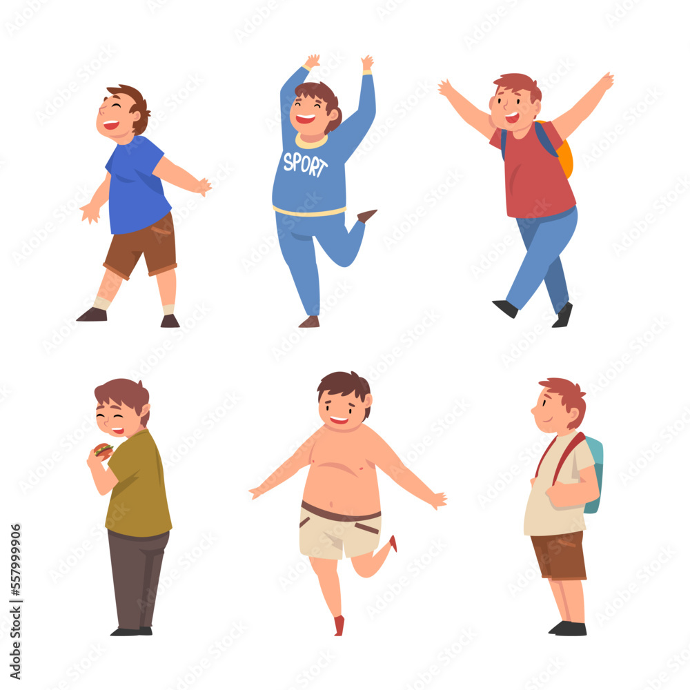 Cheerful chubby male characters set. Happy overweight men cartoon ...