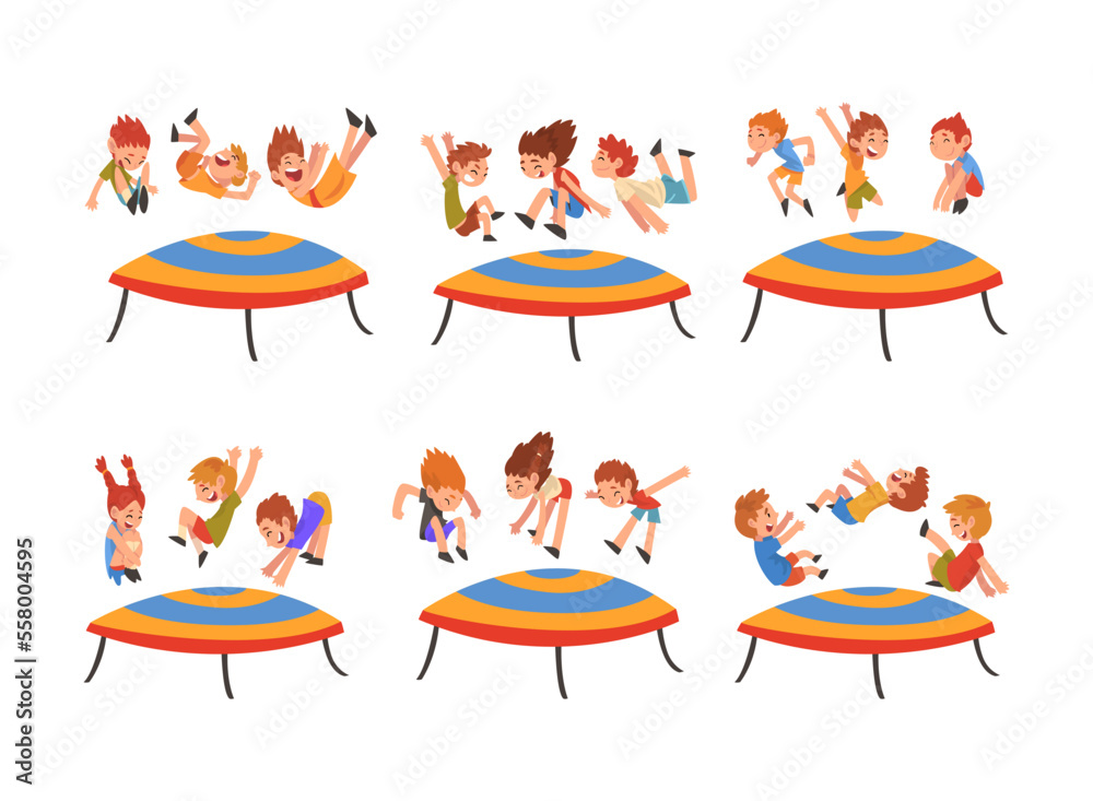 Happy kids jumping on trampoline set. Joyful boys and girls having fun ...