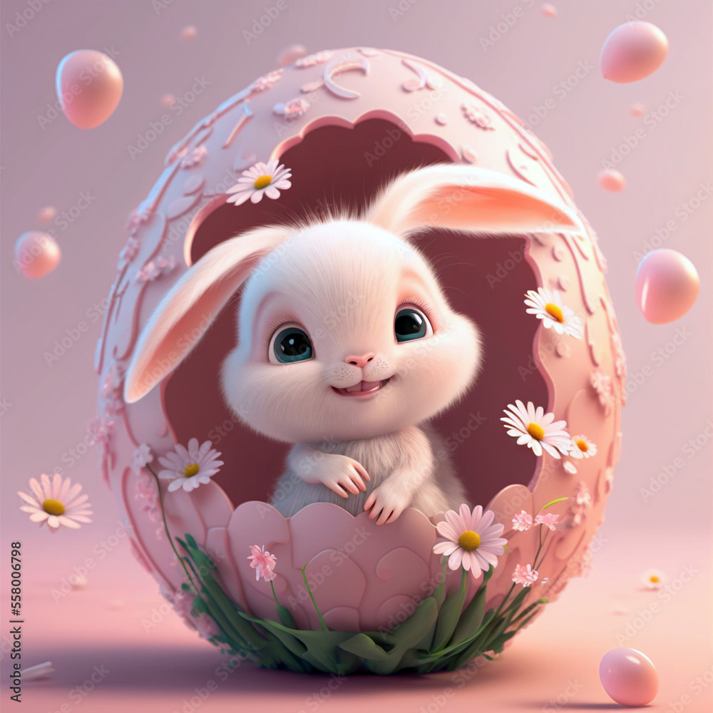 Super cute adorable fluffy pink easter bunny in the floral garden with ...