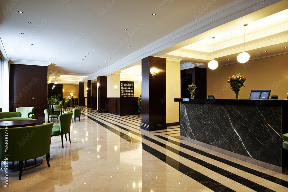 Interior of a hotel lobby with a large bar, armchairs, marble floor ...