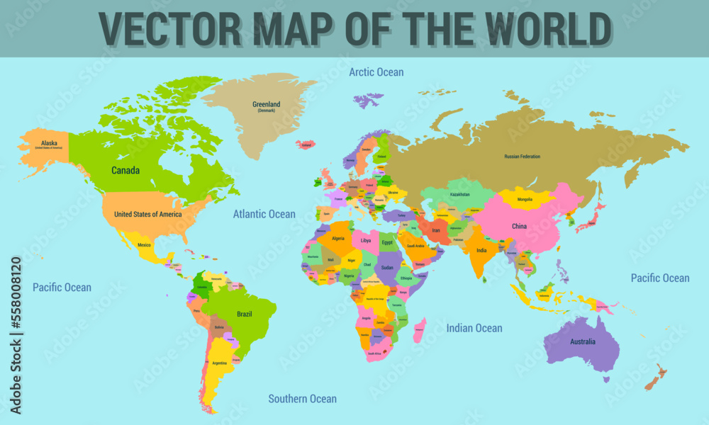 Vector map of the world with the names of the countries, with the ...
