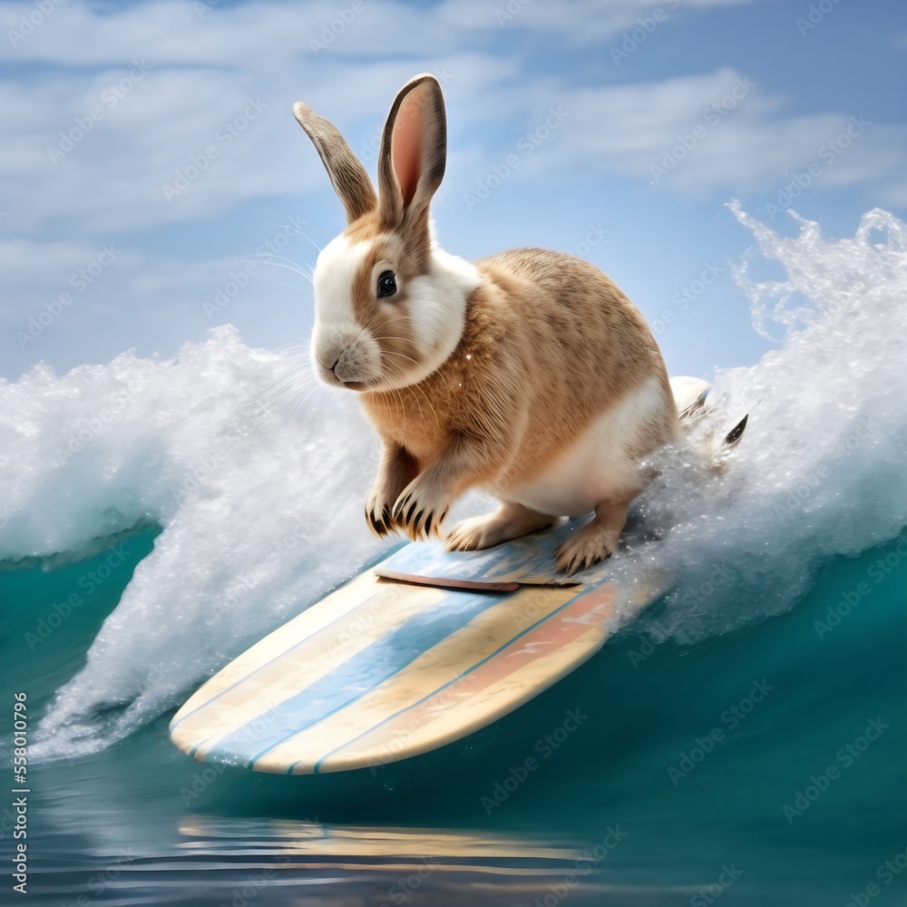 Easterbunny surfing cool created with AI Stock Illustration | Adobe Stock