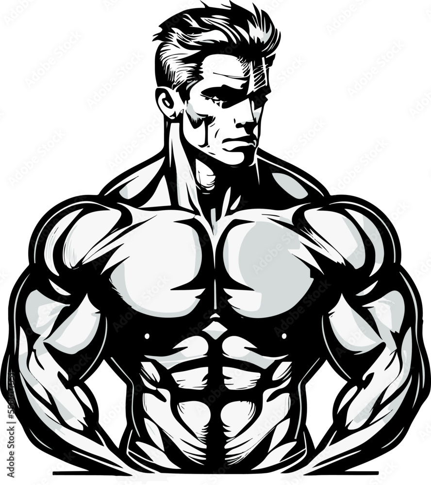black and white illustration of a bodybuilder man Stock Vector | Adobe ...