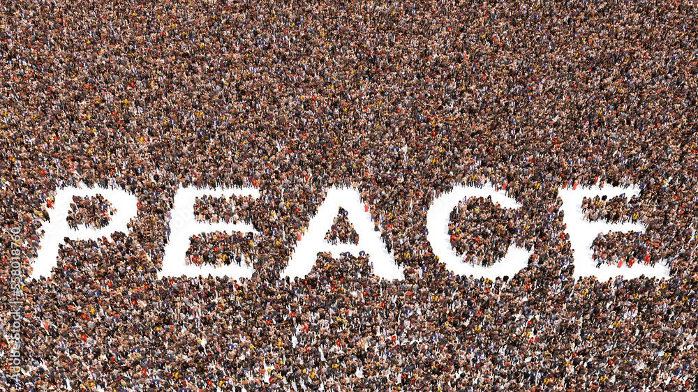 Concept conceptual large community of people forming the PEACE word. 3d ...