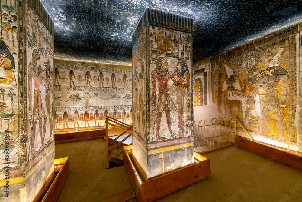 Interior view of the upper pillared hall in the ancient tomb of Seti I ...
