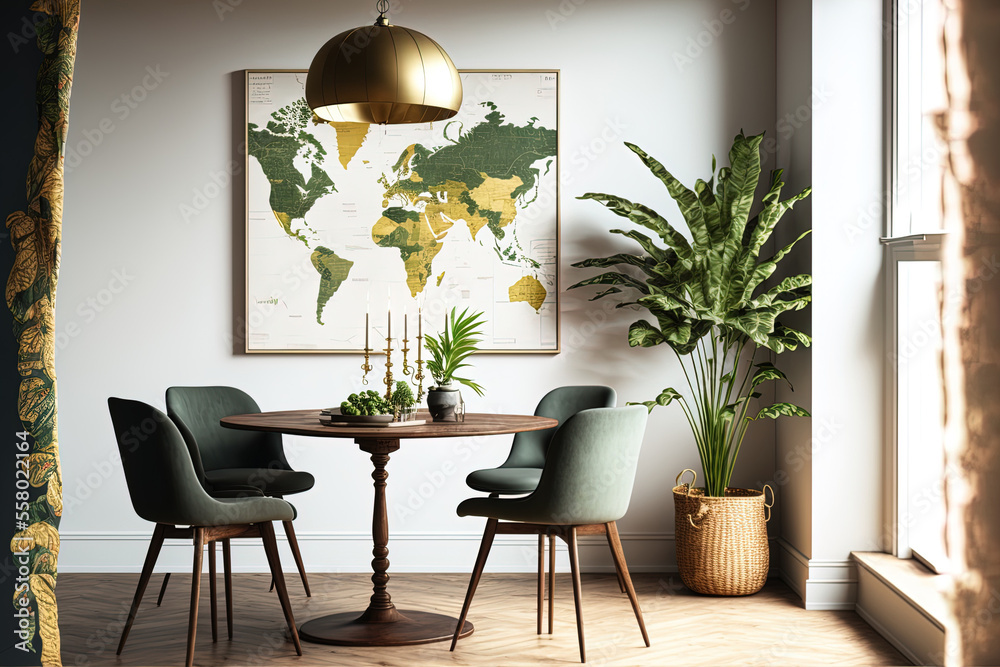 Interior of a chic and eclectic dining area with a mock up poster map, chairs that share a table ...