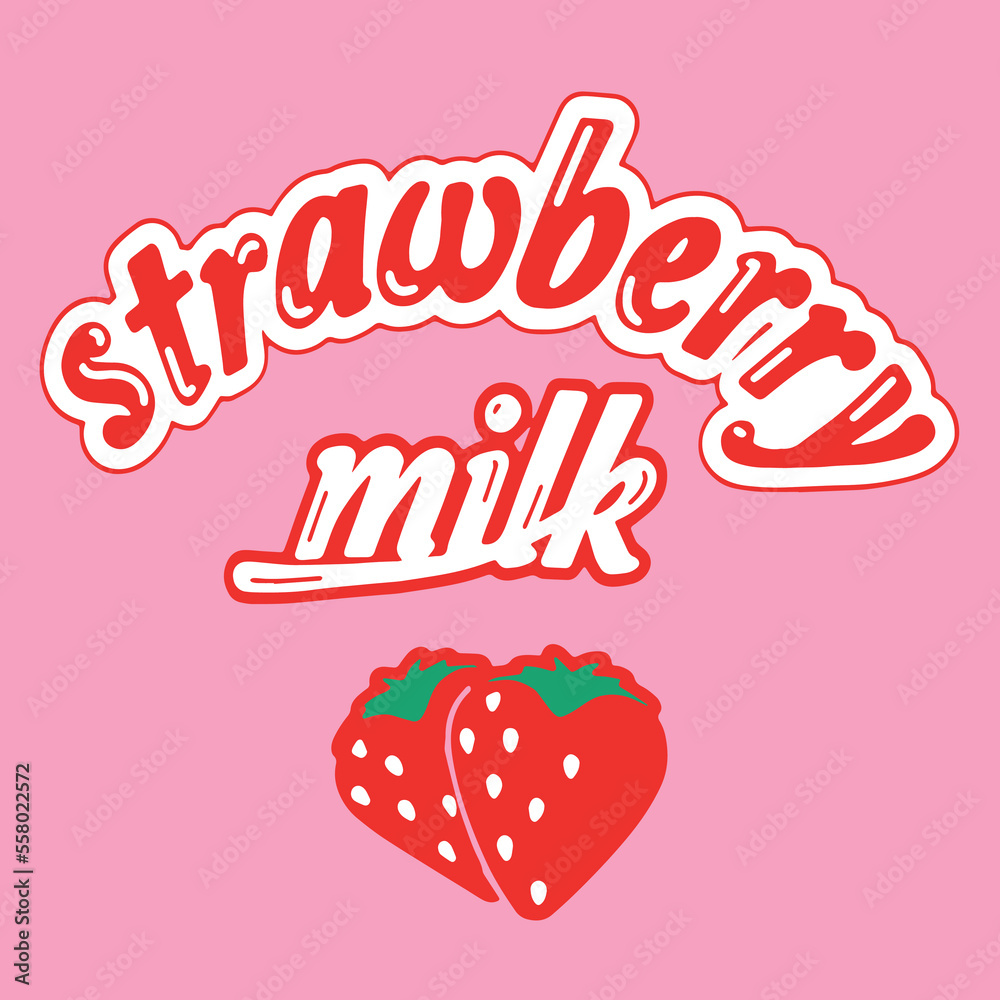 Vector design of two strawberries, that says strawberry milk. Lettering, designs for clothes ...