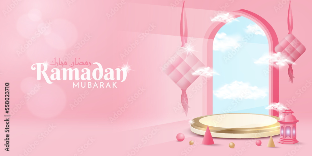 3d Ramadan Mubarak greeting and invitation card. Islamic display ...