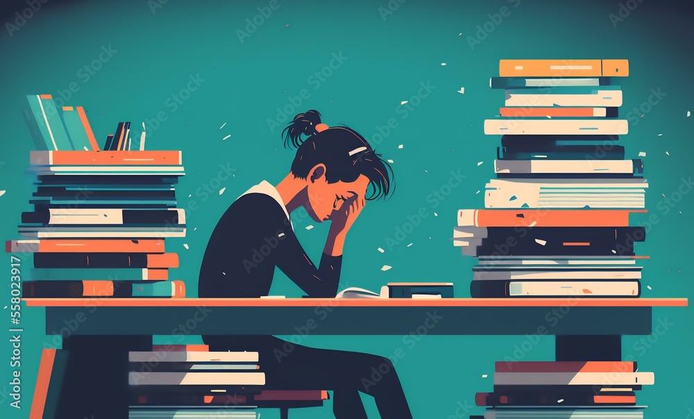 student sitting alone at a library study table, looking overwhelmed and ...
