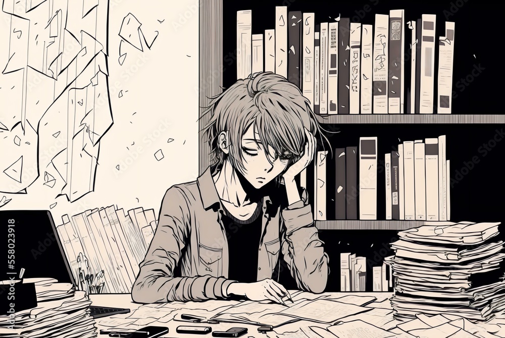 student sitting alone at a library study table, looking overwhelmed and ...