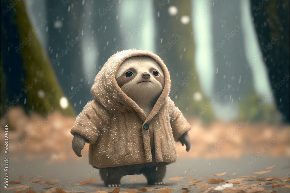 Cute sloth wearing coat in the snowfall and florest. Stock Illustration ...