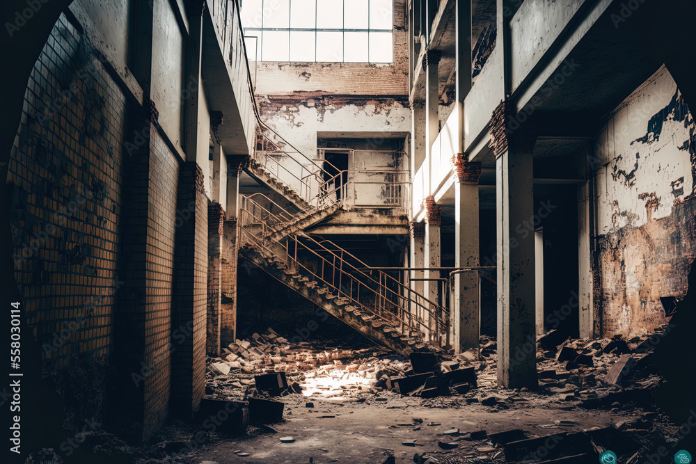 the inside of a defunct administrative structure. Ruins within an ...
