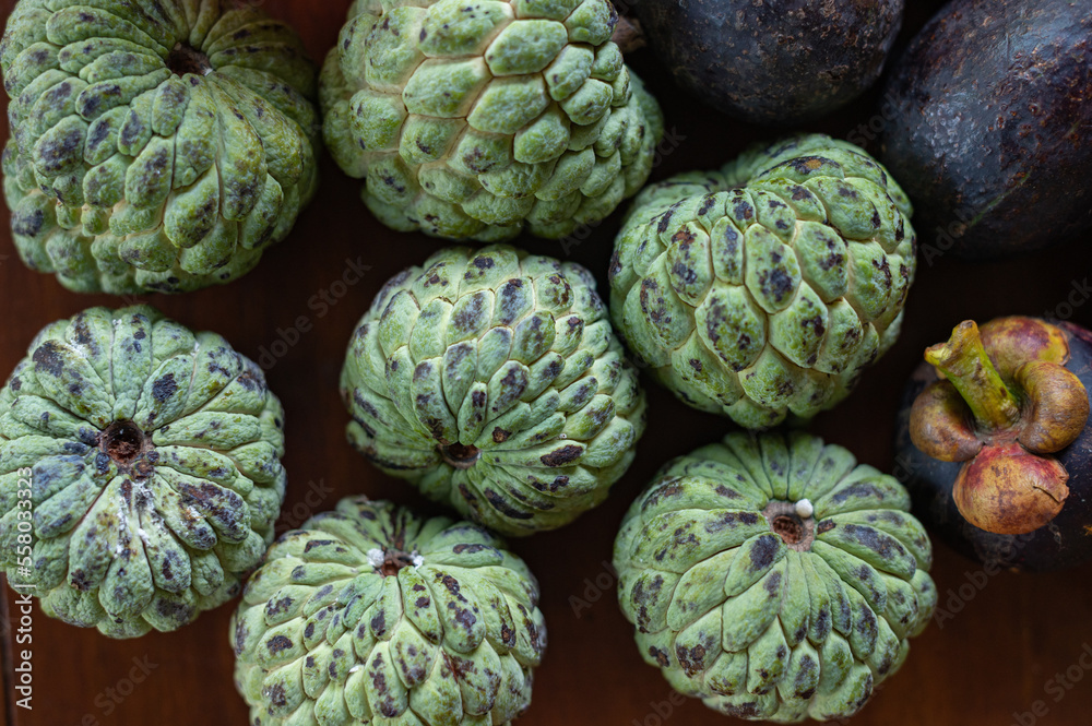 Sugar apple - Cherimoya. Set of Balinese fruits and vegetables . Flat ...