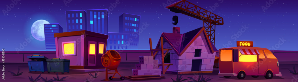 House construction site against night cityscape background. Suburb ...