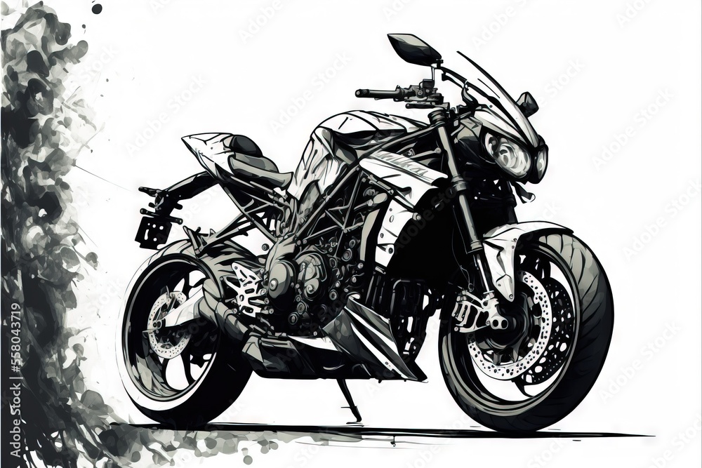 a black and white drawing of a motorcycle on a white background with a ...