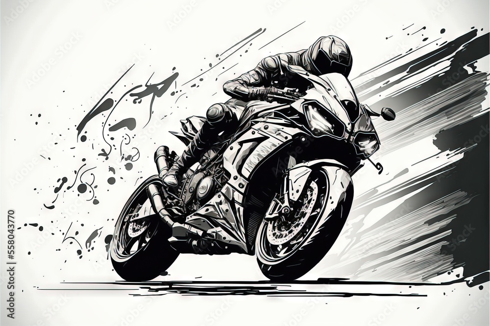 a black and white drawing of a motorcyclist on a motorcycle with ...