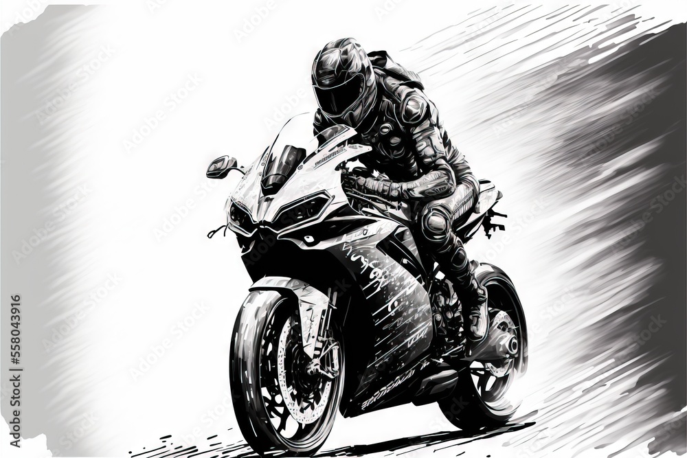 a drawing of a man riding a motorcycle on a track with a helmet on and ...