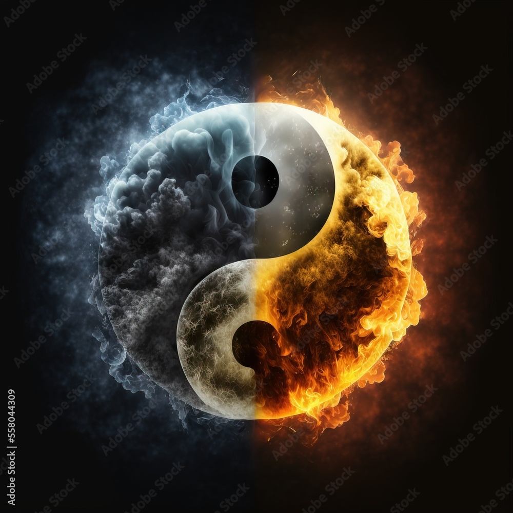 a yin - yang symbol is shown in the middle of a fire and smoke cloud ...