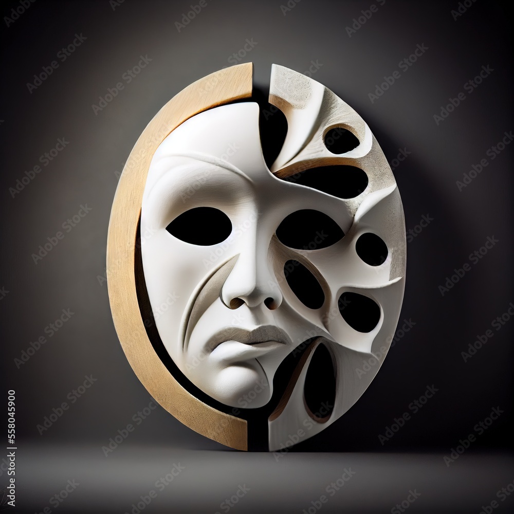a white mask with holes in it on a black background with a gold ring ...