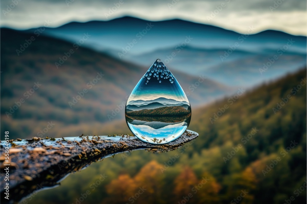 a drop of water sitting on top of a tree branch in front of a mountain ...