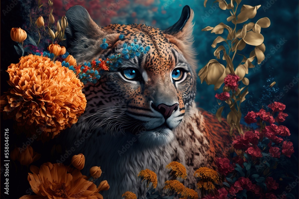 a painting of a leopard with blue eyes surrounded by flowers and plants ...