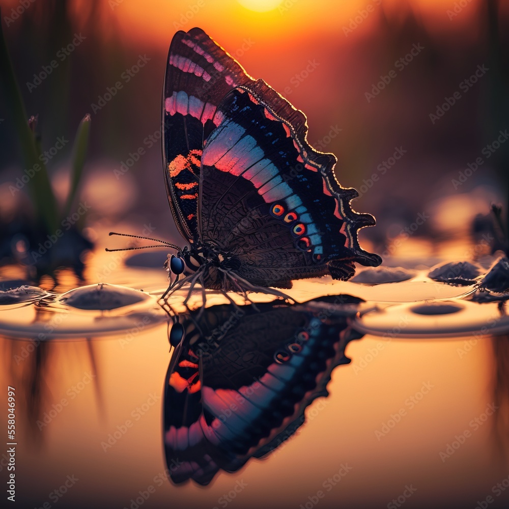 a colorful butterfly sitting on top of a puddle of water at sunset or ...