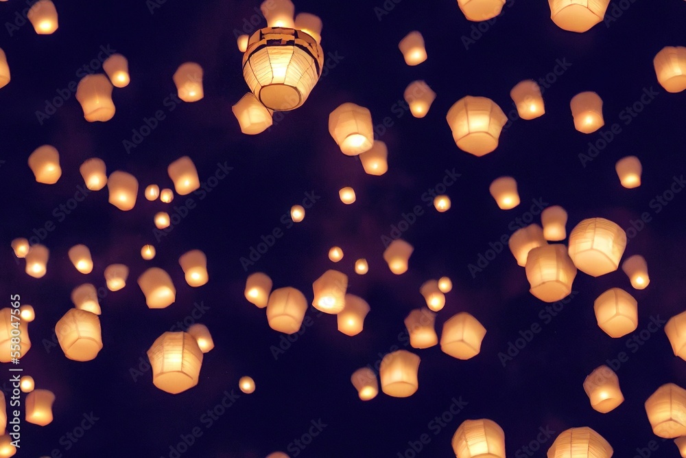 Sky Lanterns Candle Lit Floating into the Night Sky Seamless Texture ...