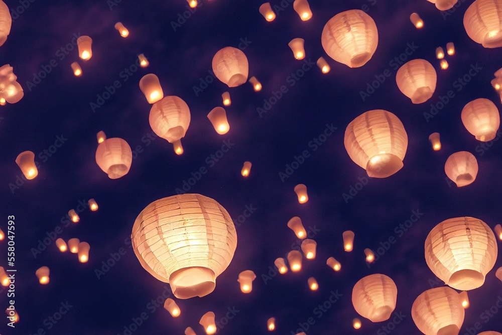 Sky Lanterns Candle Lit Floating into the Night Sky Seamless Texture ...