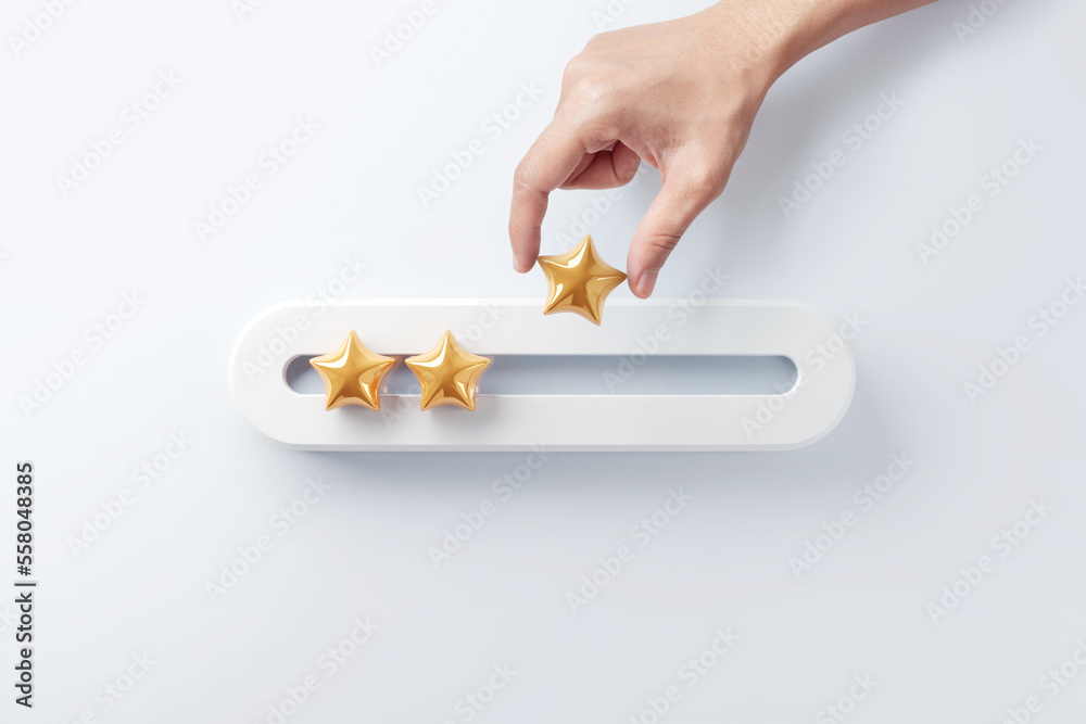 Customer satisfaction meter with star rating. evaluation, Woman hand ...